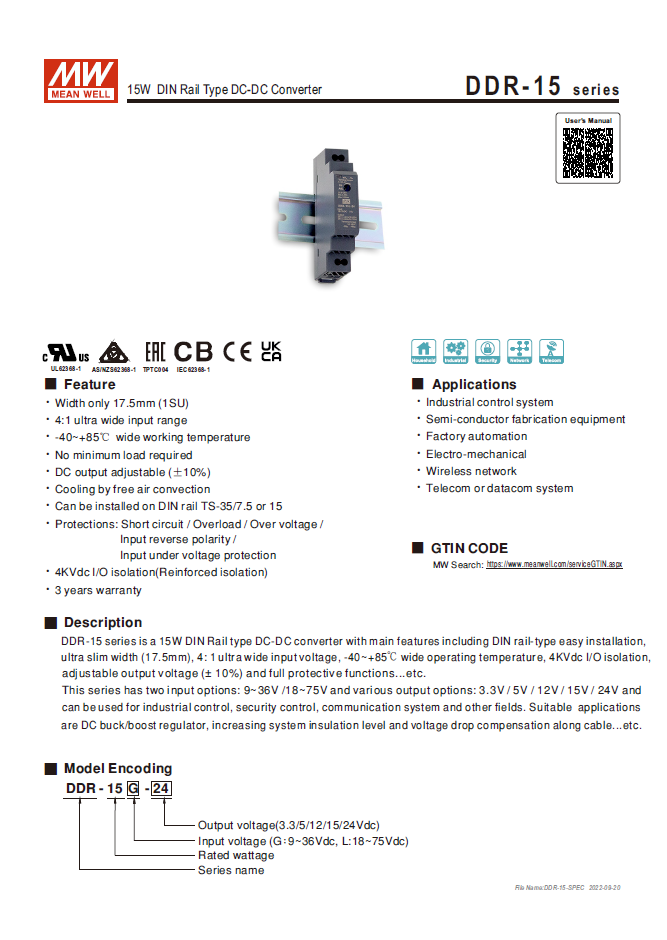 Meanwell DDR-15L-15 24-48V to 15V 15W DC DC Converter